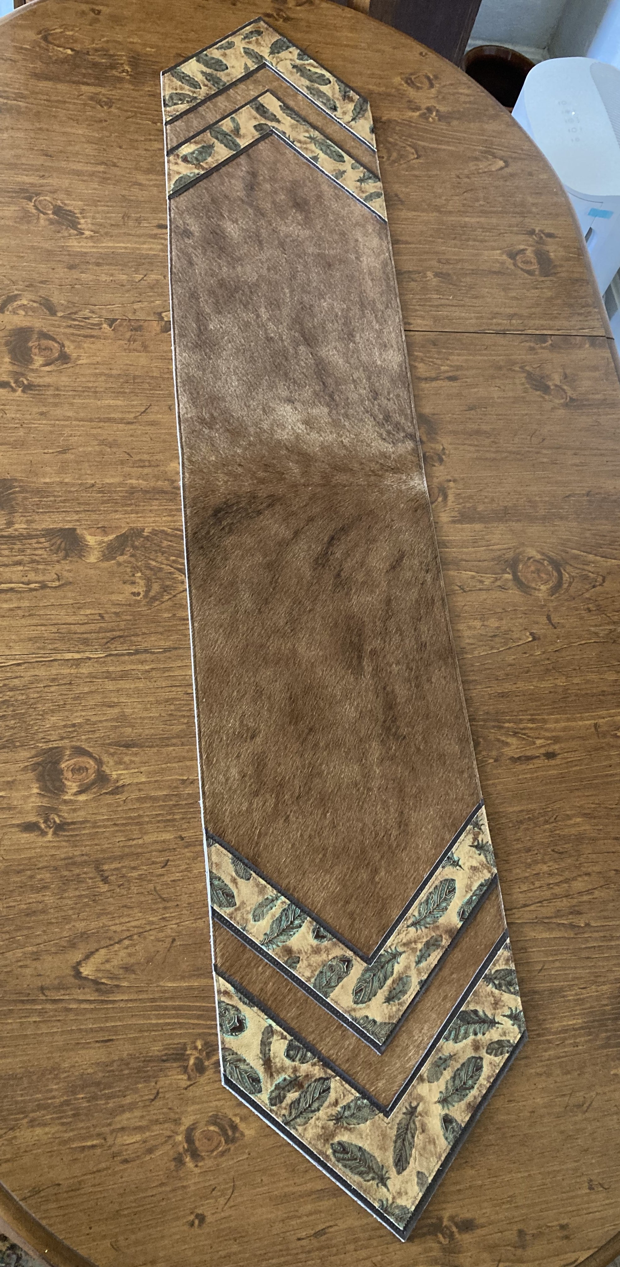 Table Runner 5' 5" x 12" - Light Brindle hair-on-Hide with Feather Acc ...