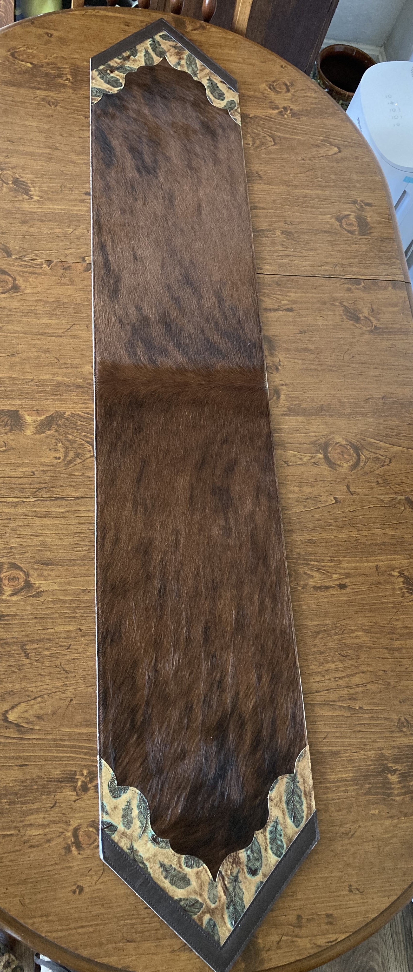 Table Runner 5' 9" x 12" - Brown Brindle hair-on-Hide w/Embossed Feath ...